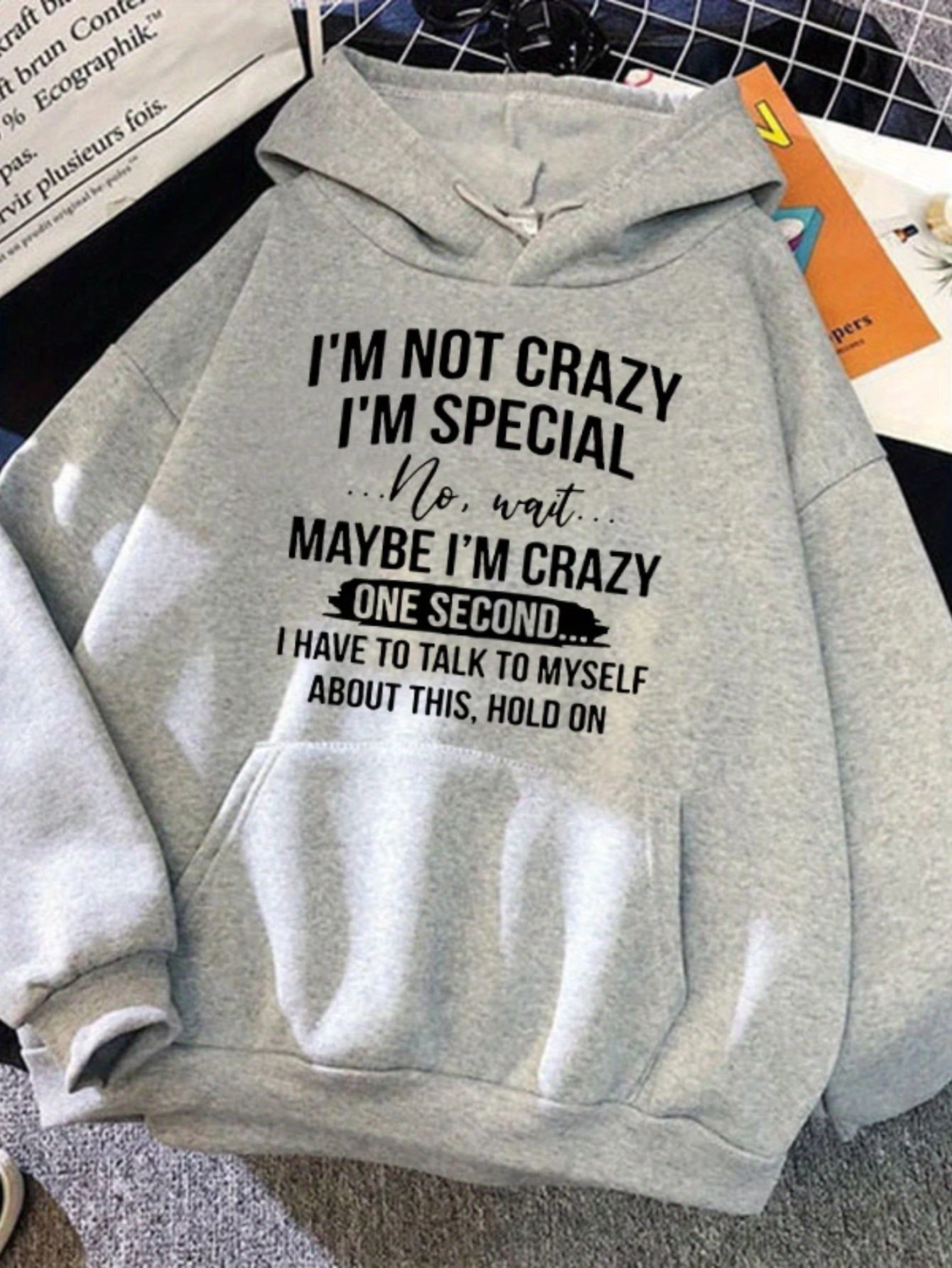 Black Humorous Text Print Hooded Sweatshirt for Men & Women - Loose Fit ...