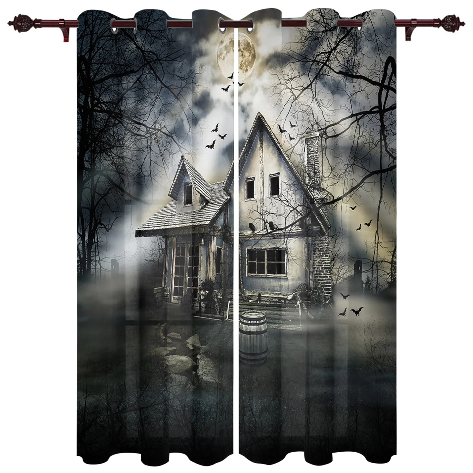 Black Hut Woods Moon Bat Haunted House Curtains for Kid Bedroom Modern ...
