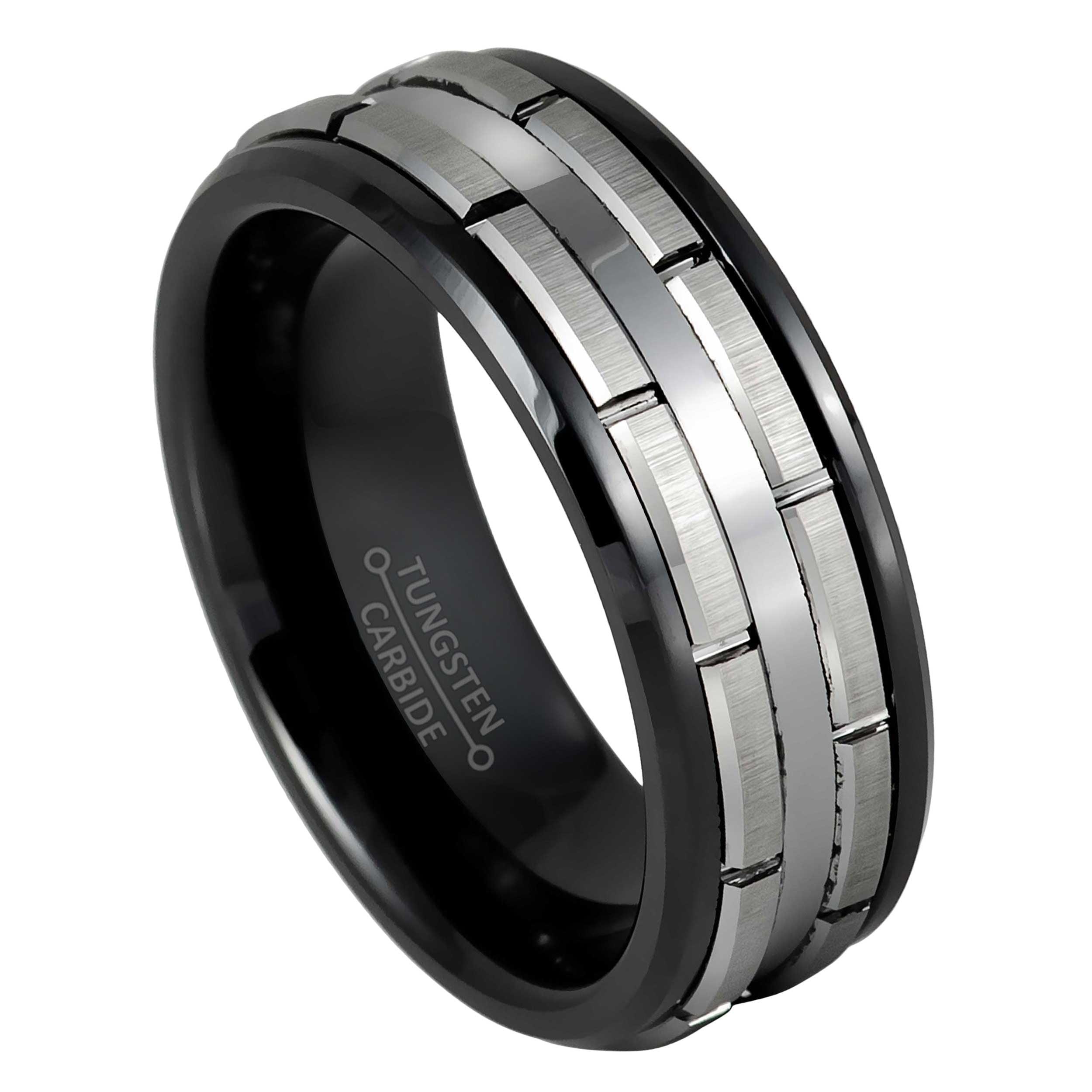 Black IP 8mm Low Beveled Edge Patterned Gun Metal Wedding Band Comfort ...