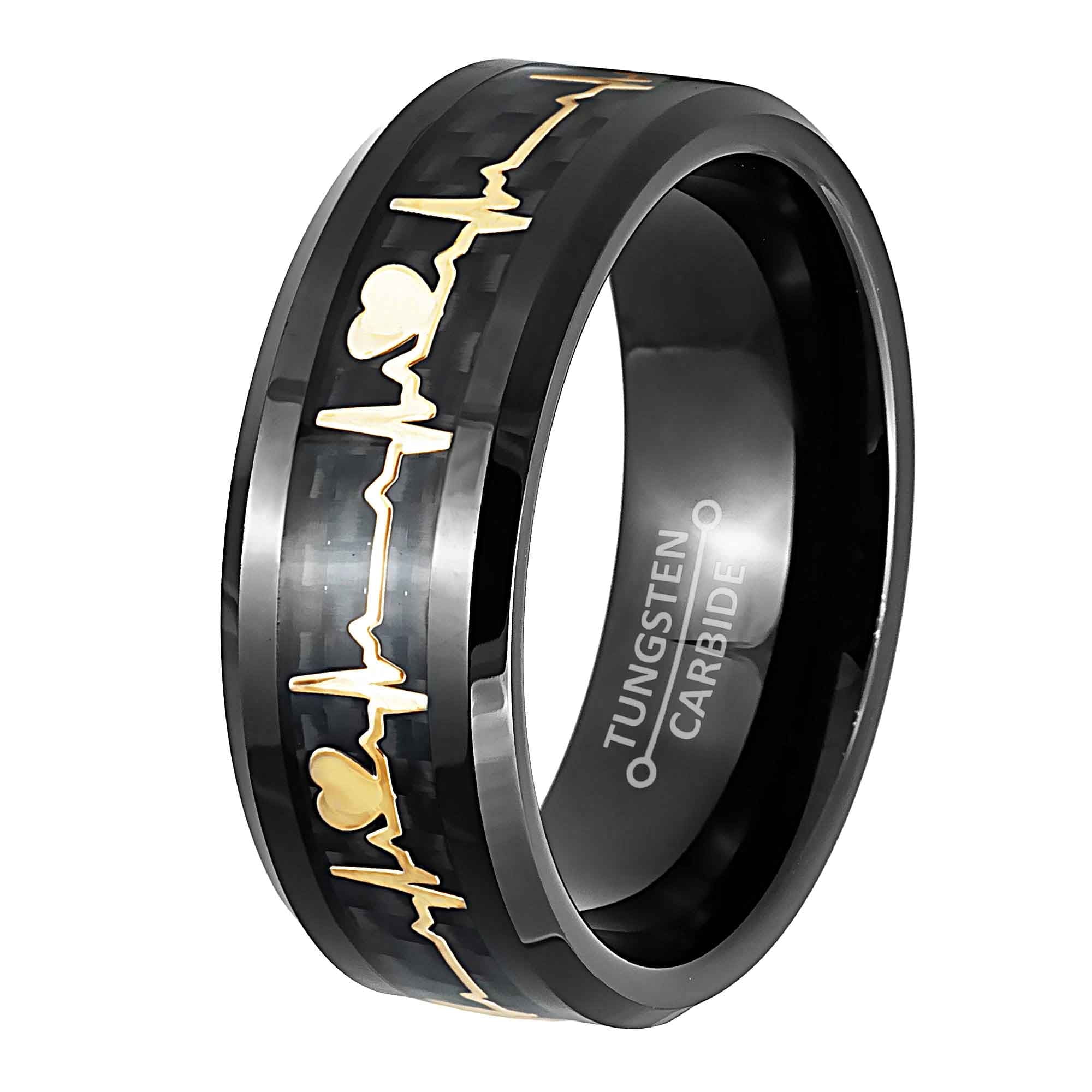 Jewelry Avalanche Black Tungsten Carbide Ring, EKG Heartbeat Inlay Mens ...