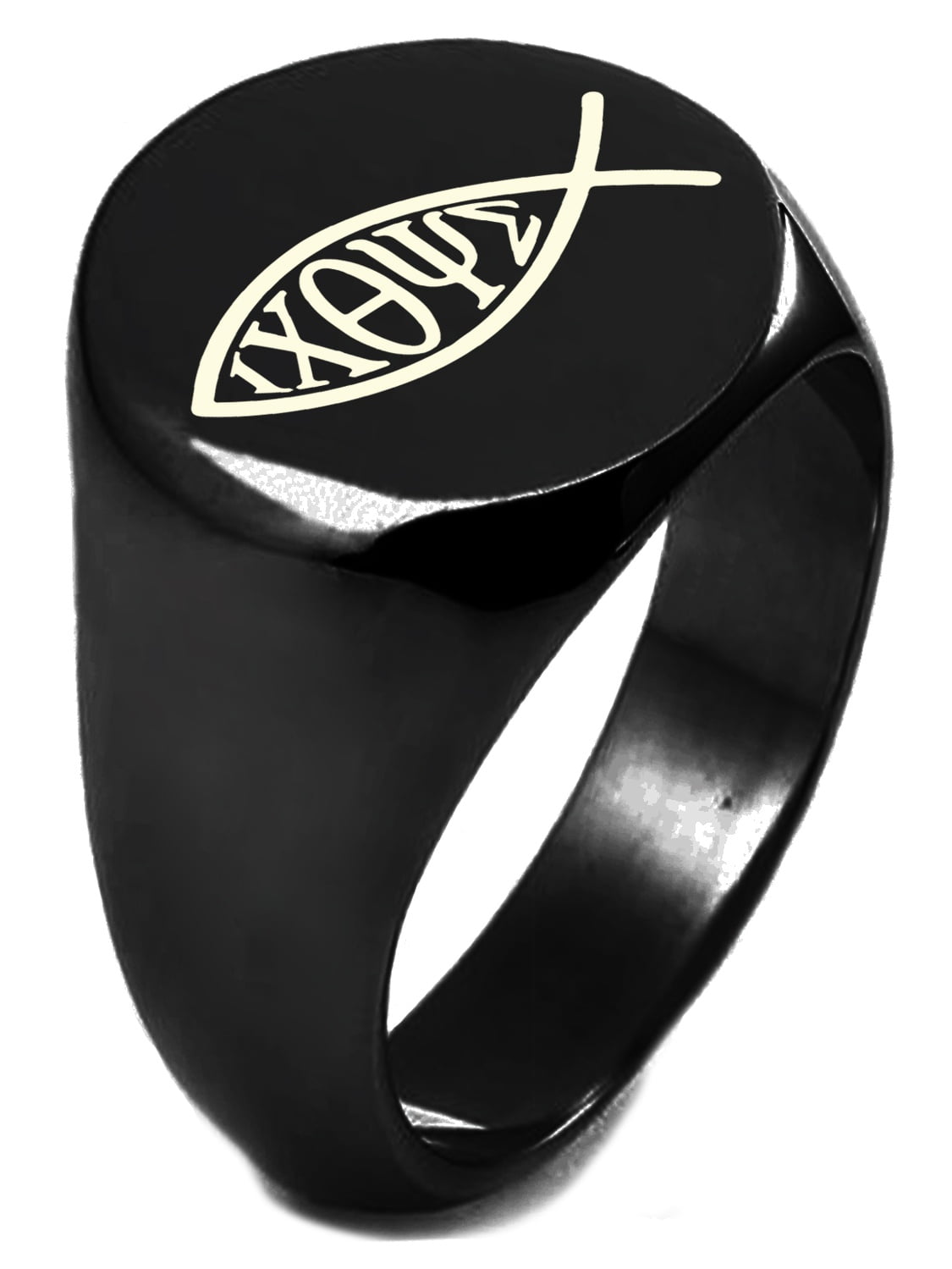 Black IP Plated Sterling Silver Ichthus Fish Symbol Engraved Round Flat ...
