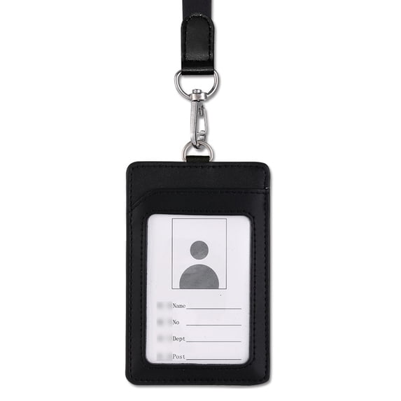 Black Id Badge Holder With Lanyard, Vertical Pu Leather Id Badge Card ...