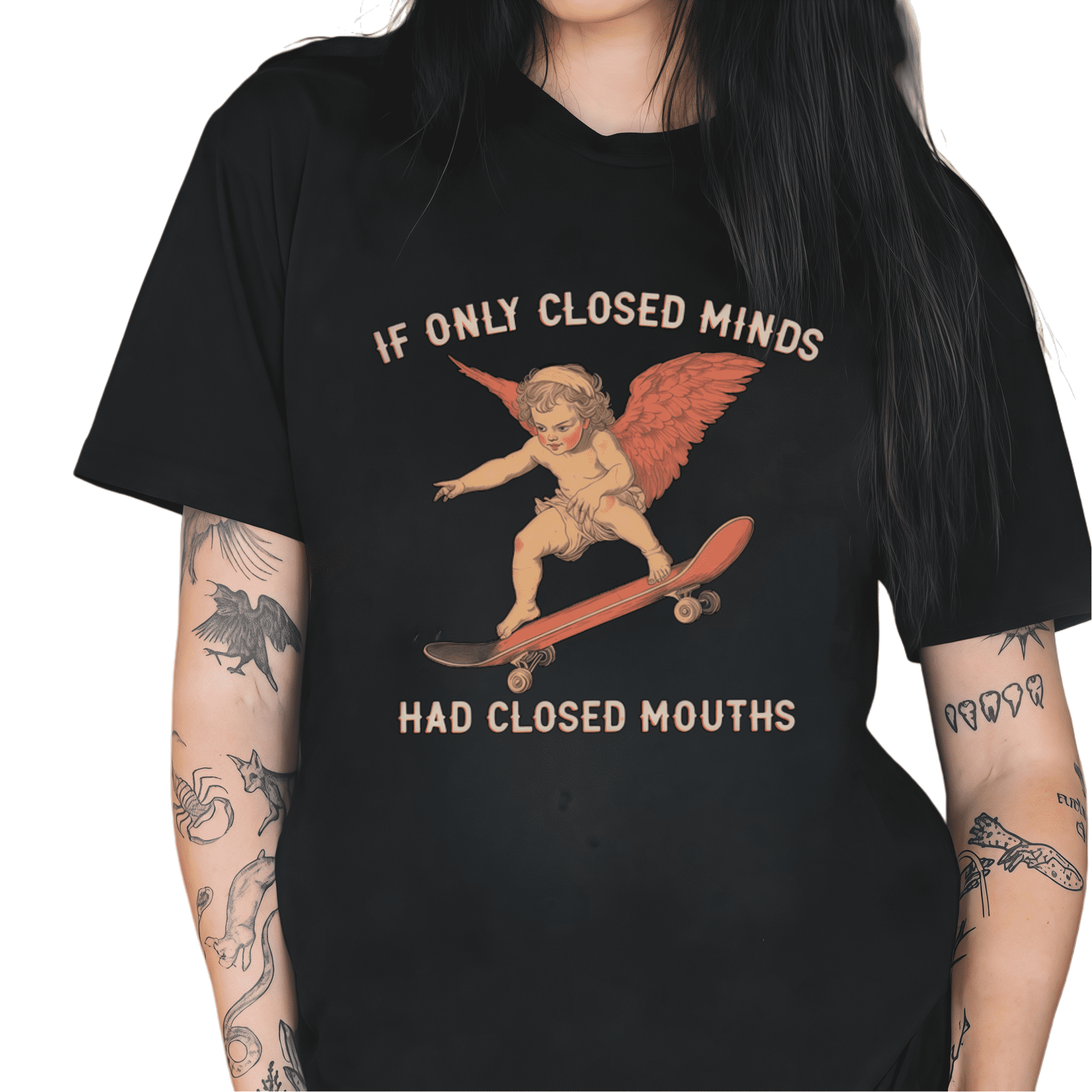 Black If Only Closed Minds Had Closed Mouths Skateboarding Cherub Retro ...