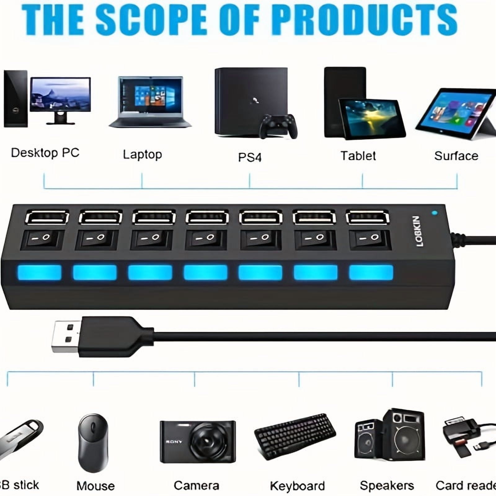 Black Independent Switch HUB Seven-bit Splitter Hub USB Multi-interface ...