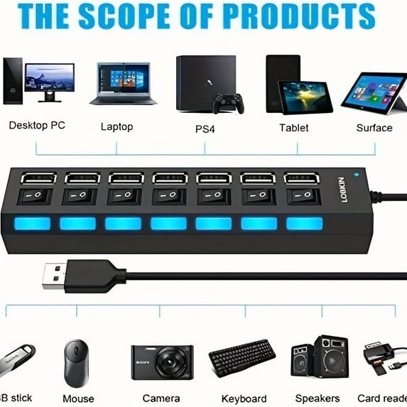Black Independent Switch HUB Seven-bit Splitter Hub USB Multi-interface ...