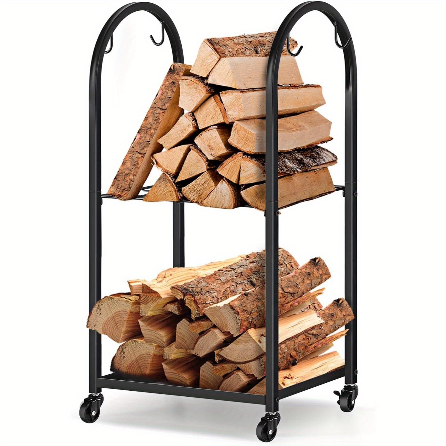 Black Indoor Firewood Rack with Wheels - 20.47x12.6x33.46inch Small Log ...