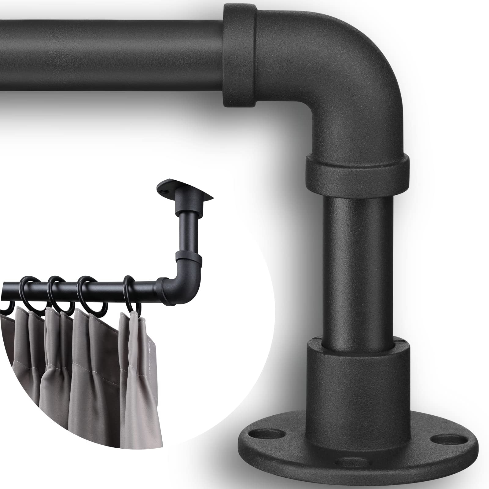 DEROFIT Industrial Adjustable Black Curtain Rod 32-58 inches Wall Mount ...