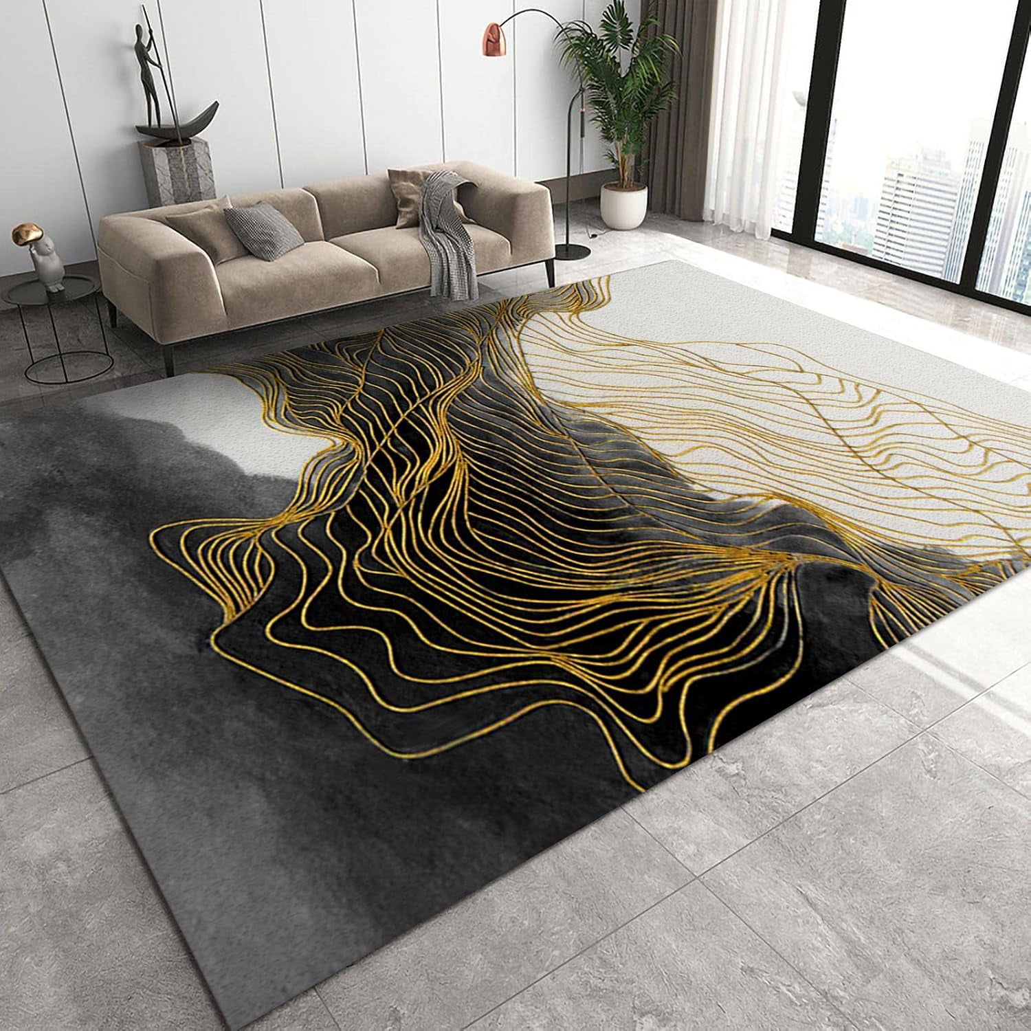 Black Ink Gradient Marble Area Carpet, 3x4 Small Golden Lines Abstract ...