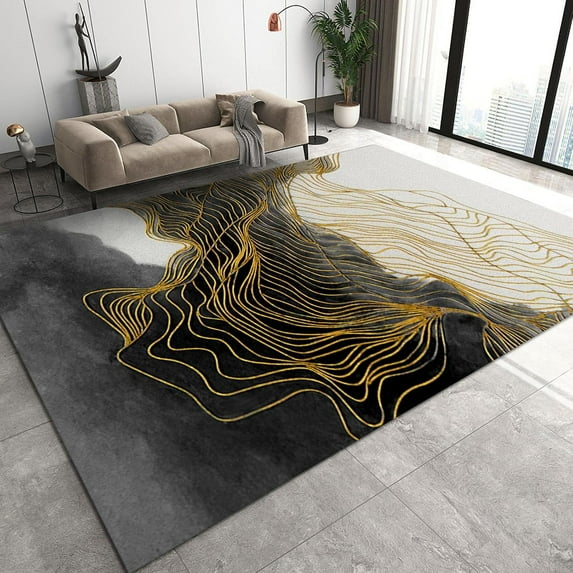 Black Ink Gradient Marble Area Carpet, Golden Lines Abstract Light ...