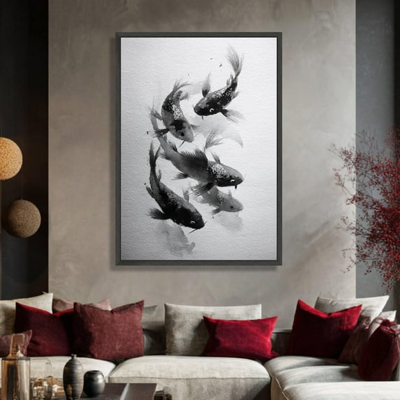 Black Ink Koi Fish Canvas Art, Japanese Watercolor, Zen Home Décor 8X12 ...