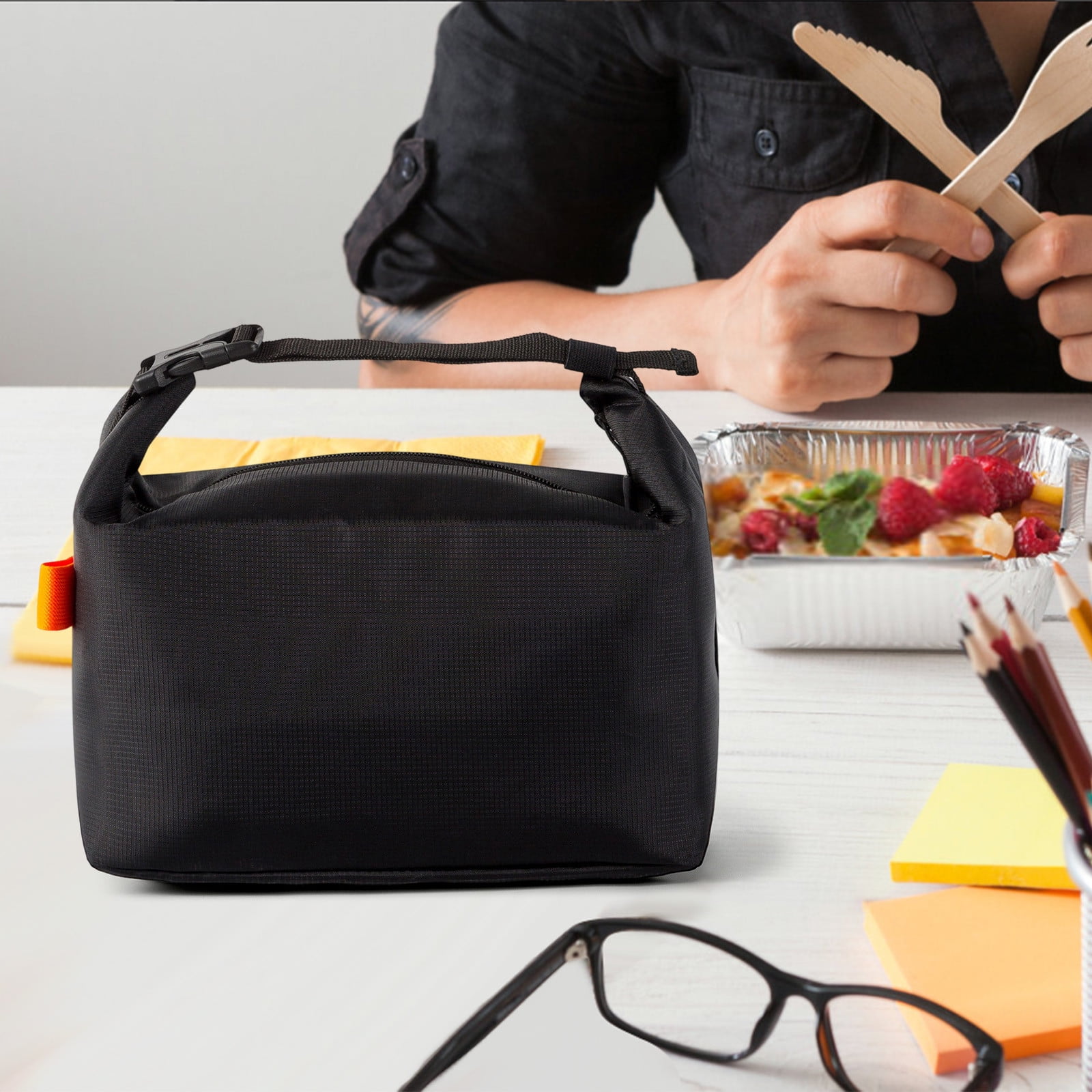 Black Insulated Lunch Bag Thermal Food Container Large Capacity 9.4X5 ...