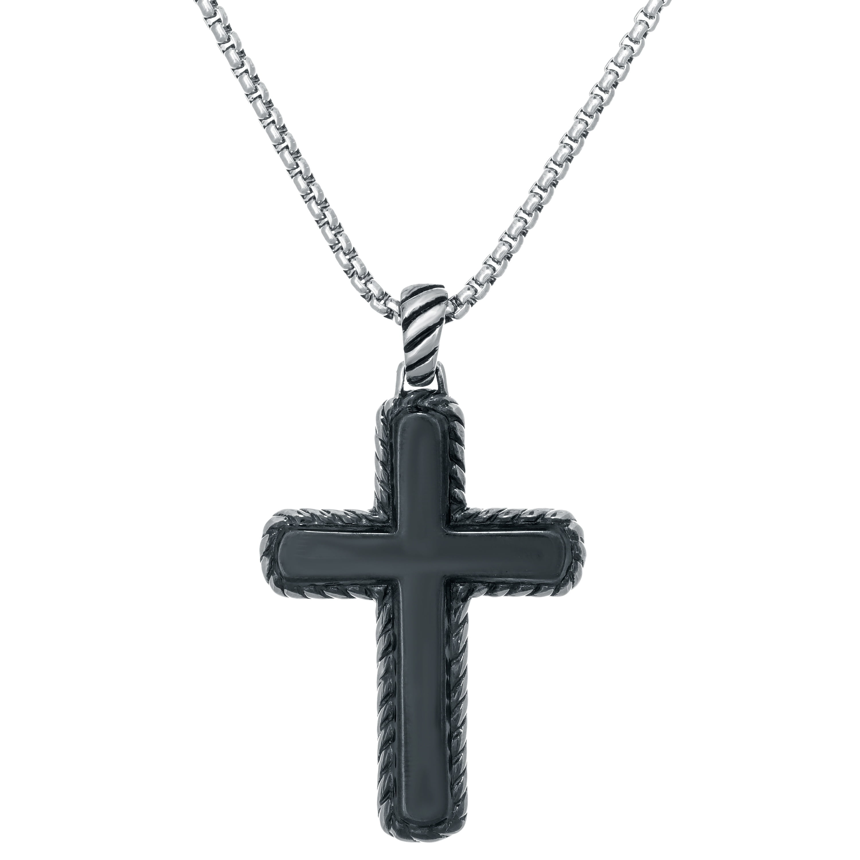 Black Ion Plated Stainless Steel Cross Pendant with Textured Border on ...
