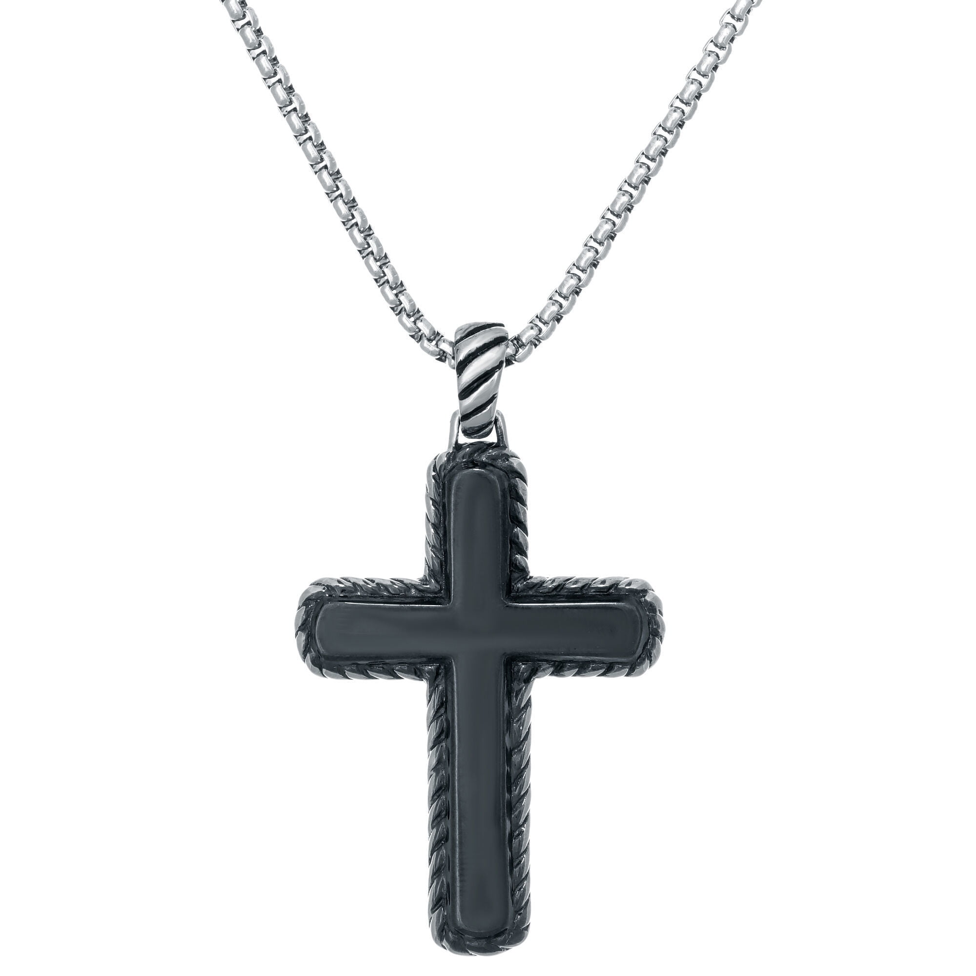 Stainless Steel Modern Black Cross Pendant - 24 Inch Round Box Chain ...