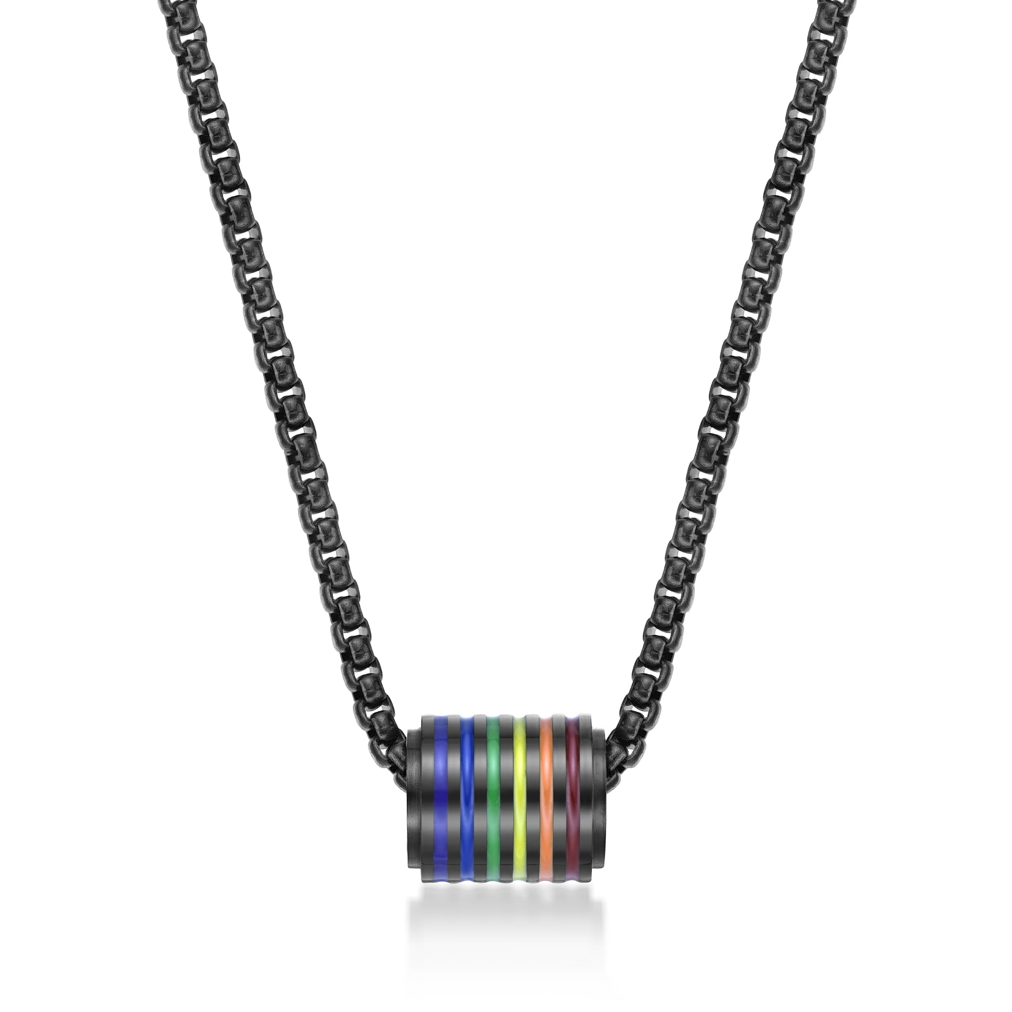 Black Ion Plated Stainless Steel Rainbow Barrel Pride Pendant - 24" Box ...