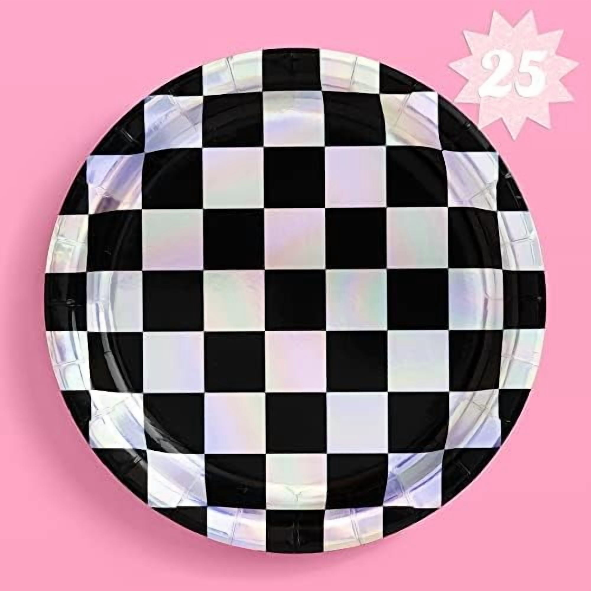 Black and Iridescent Checker Paper Plates - 25 pack | Happy Birthday ...
