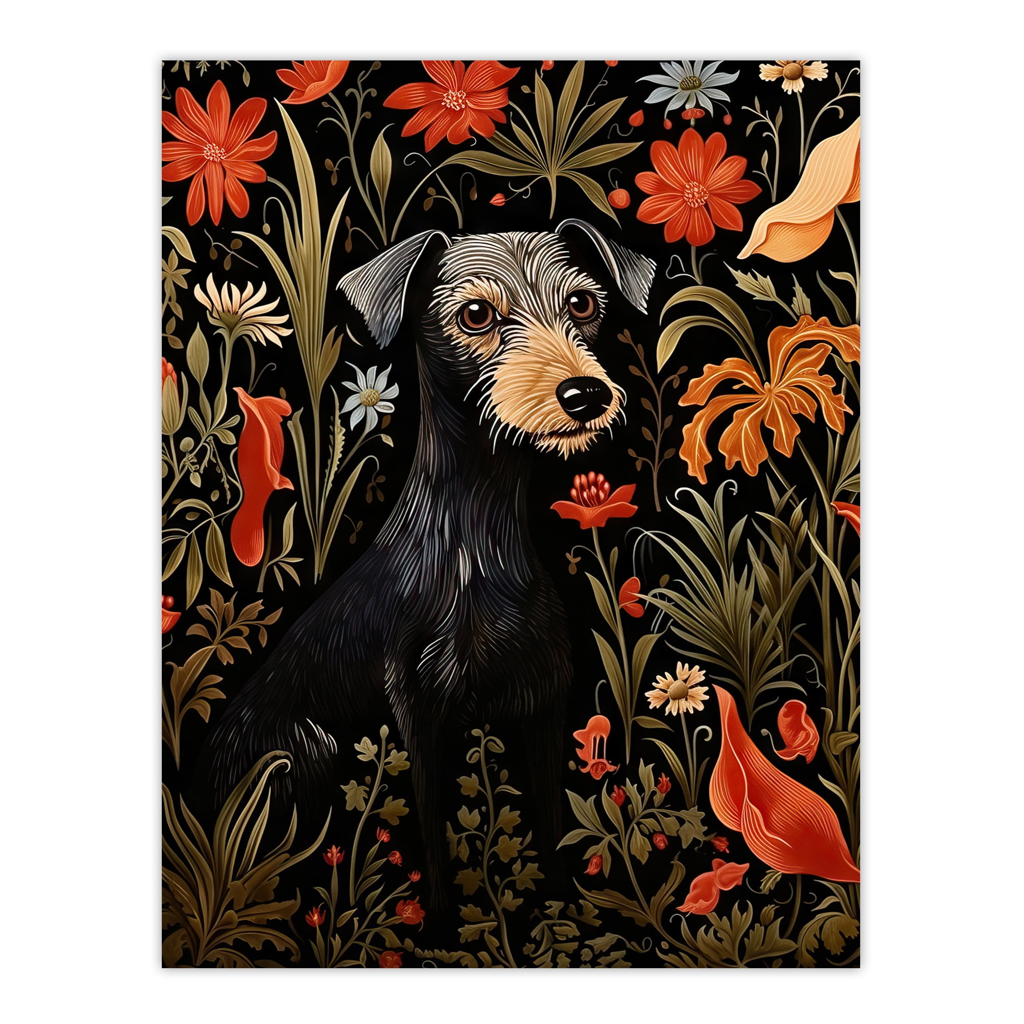 Black Irish Terrier Dog On Elegant Floral Backdrop William Morris Style ...