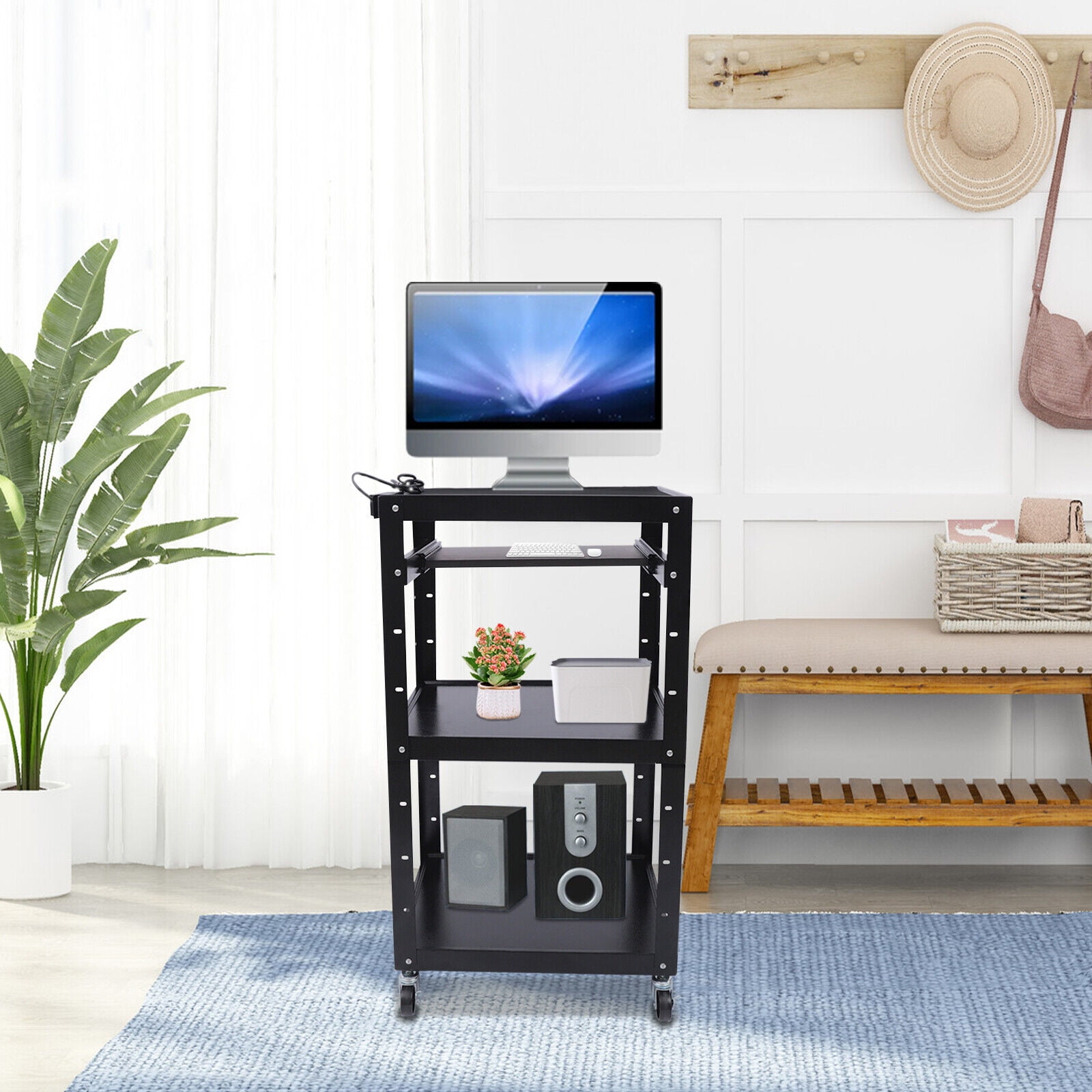 Black Iron AV Cart Media Cart Rolling Standing Desk on Wheels with ...