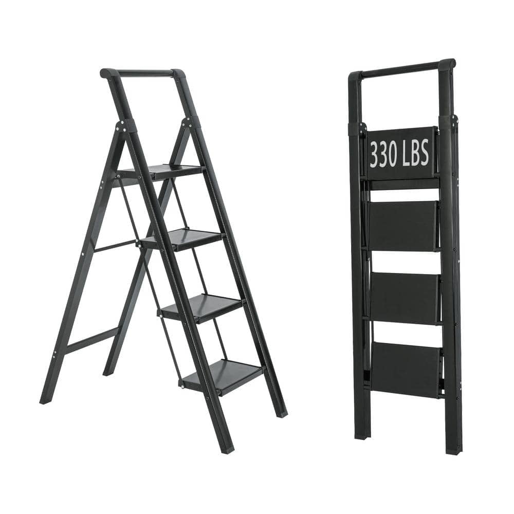 Black Iron, Foldable Non-Slip 4-Step ladder 4.2 ft. Reach, Load-Bearing ...