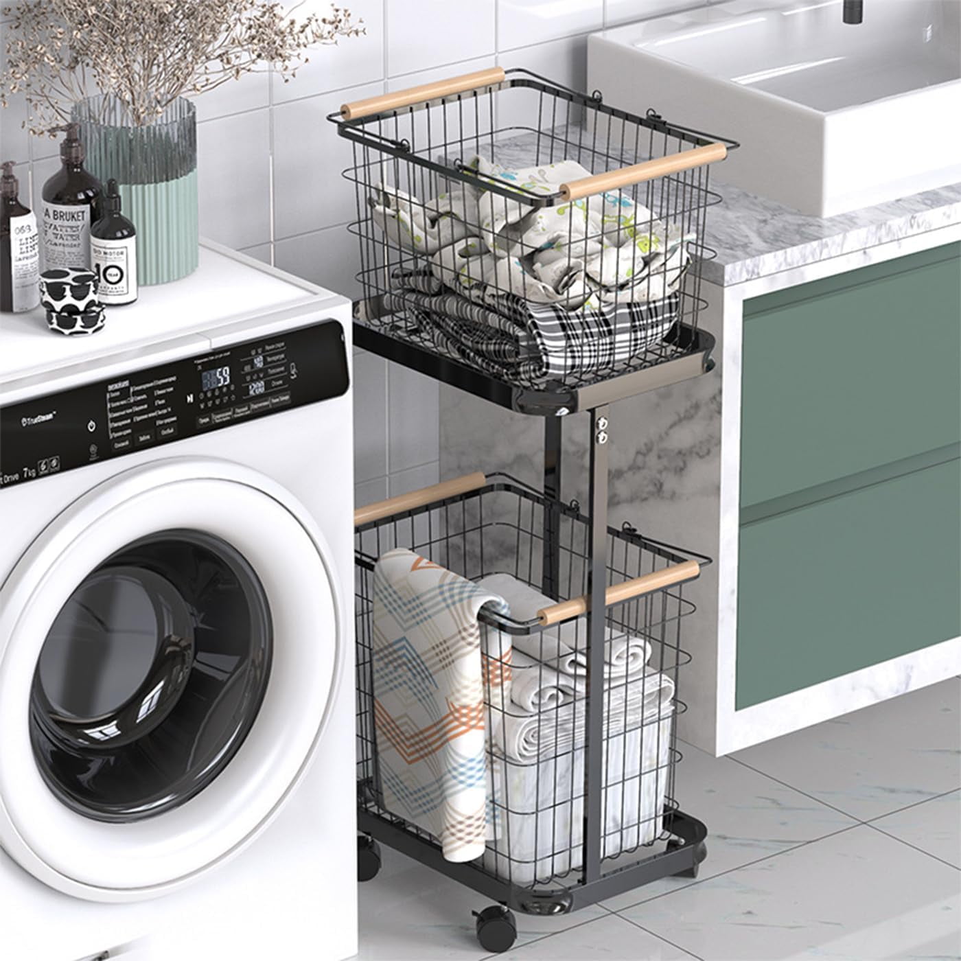 Black Iron Standing Laundry Hampers of 2 Tiers with 2x Removable ...