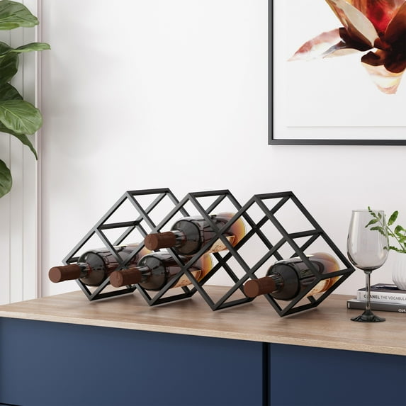 Black Iron Wine Rack - 7 Bottle Tabletop Holder with Geometric Design ...