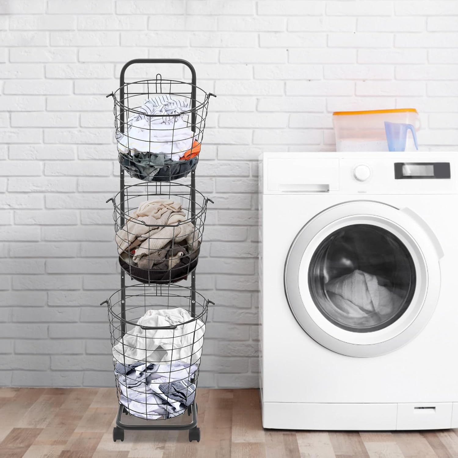 Black Iron Wire Standing Laundry Hampers of 3 Tiers with 4x Wheels ...