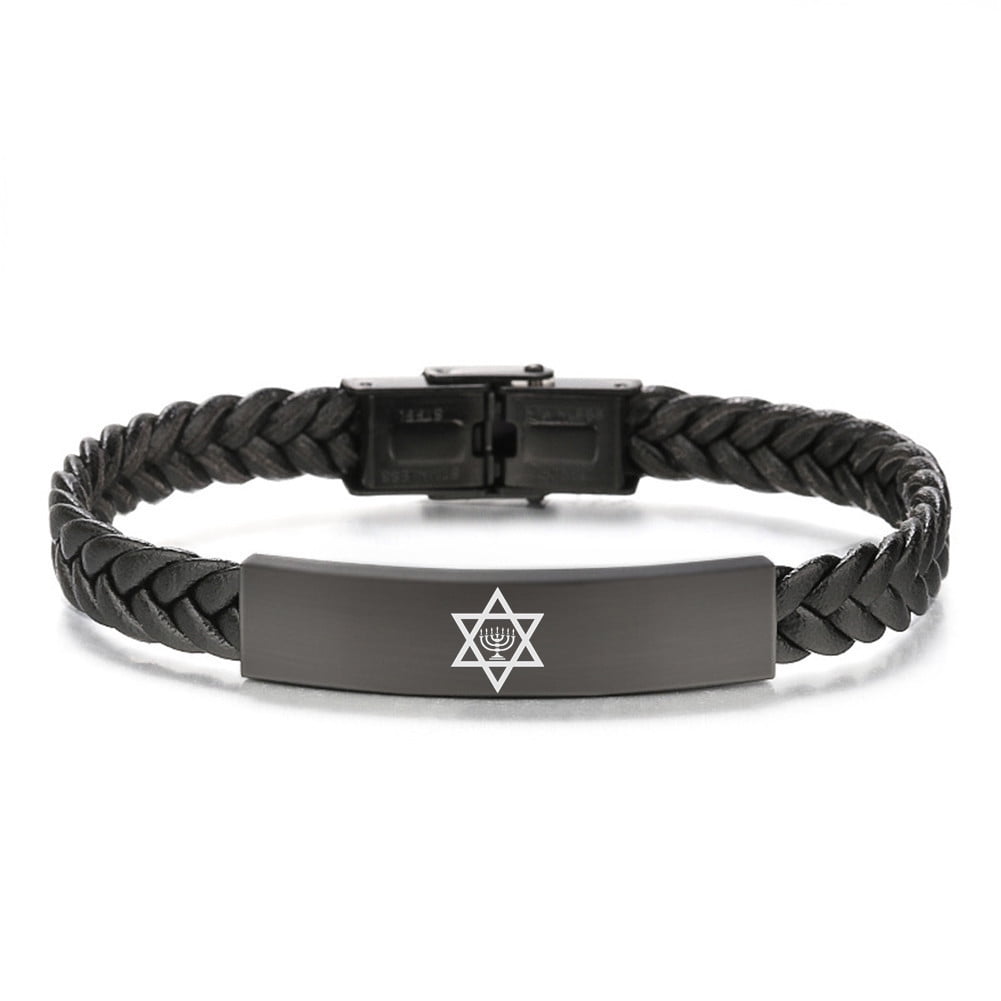 Black Israel Menorah Hanukkah Leather Bracelet Jewish Star Of David ...