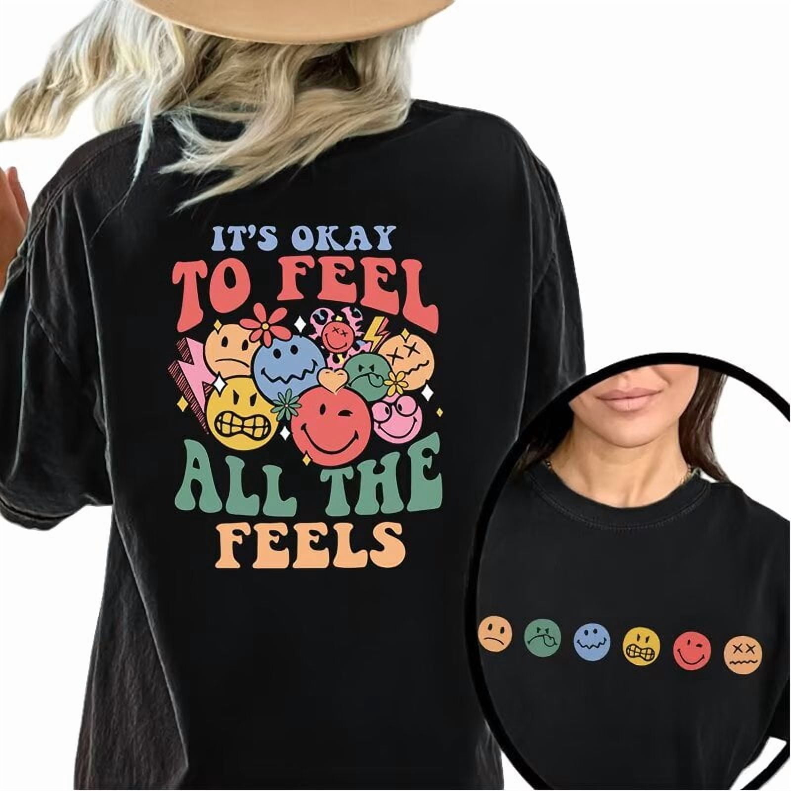 Black It’s Okay To Feel All The Feels Emoji Graphic Tees Print Tshirt S ...