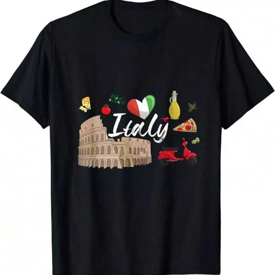 Black Italy Graphic T-Shirt Featuring Colosseum, Vespa, Pizza And Heart ...