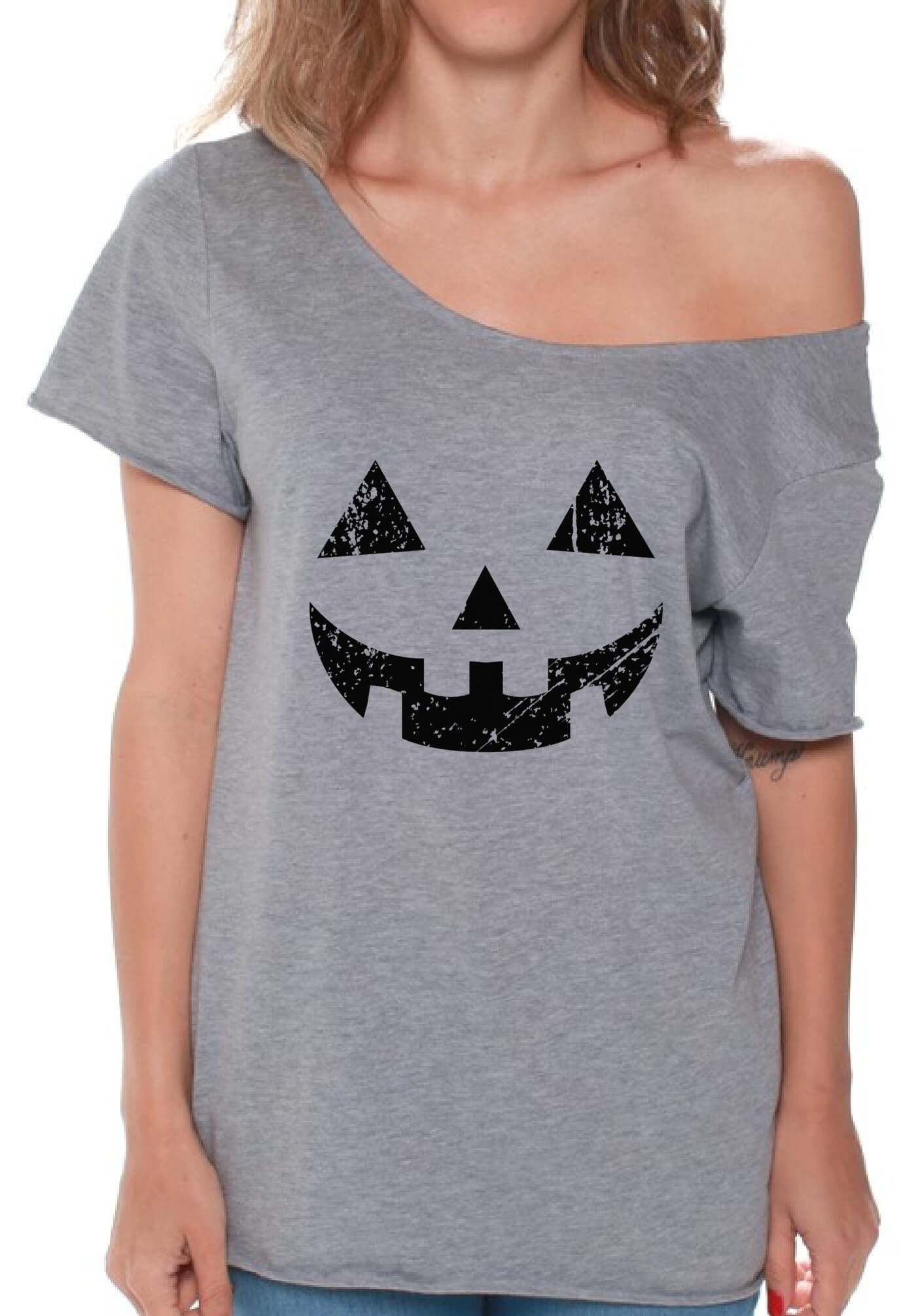 Black Jack o Lantern Pumpkin Face Off Shoulder T Shirt for Ladies Retro ...
