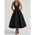 Black Jacquard Halter Neck Sleeveless A-Line Midi Dress With Deep V ...