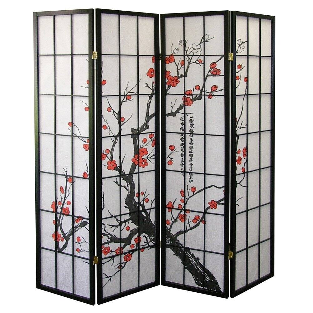 , Black Japanese 4-Panel Screen Room Divider, Plum Blossom, Black ,Wood ...