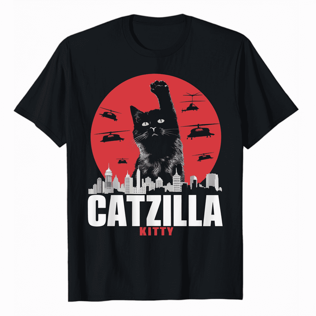 Black Japanese Catzilla Sunset T-Shirt - Classic Fit, Crew Neck ...