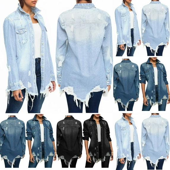 Black Jean Jacket Women Distressed Denim Jacket Long Sleeve Outerwear ...