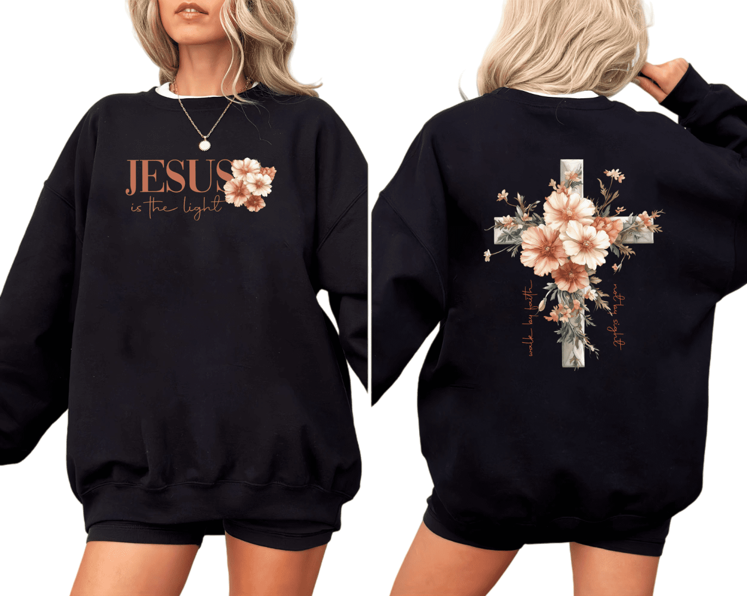 Black Jesus Is The Light Floral Cross Crewneck Christian Faith ...