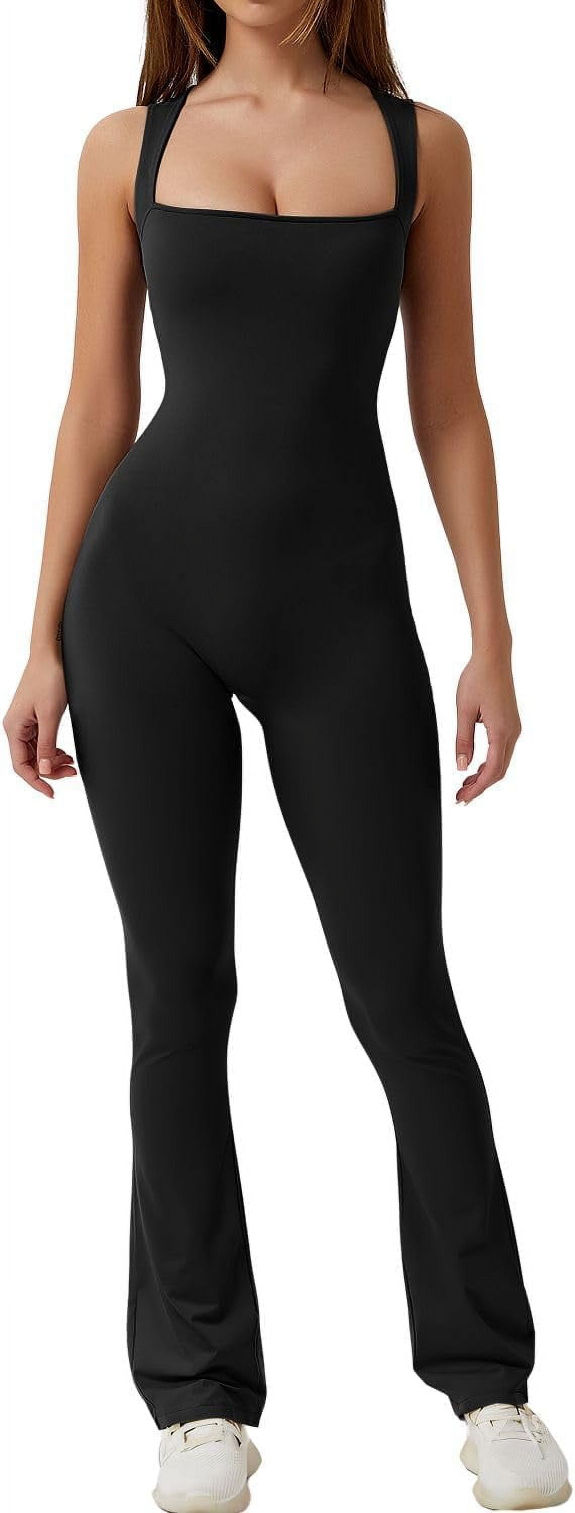 Black Jumpsuit for Women Sleeveless Sexy Suqare Neck Stretch Flare ...