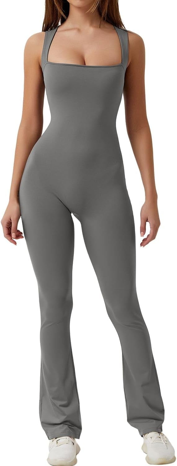 Black Jumpsuit for Women Sleeveless Sexy Suqare Neck Stretch Flare ...