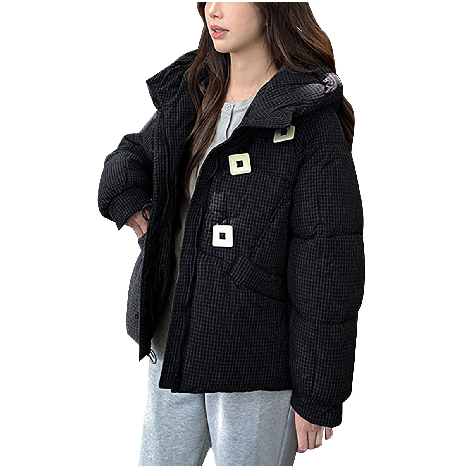 Black Juniors Long Down Jackets Hoods Outfit for Women Faux Leather ...