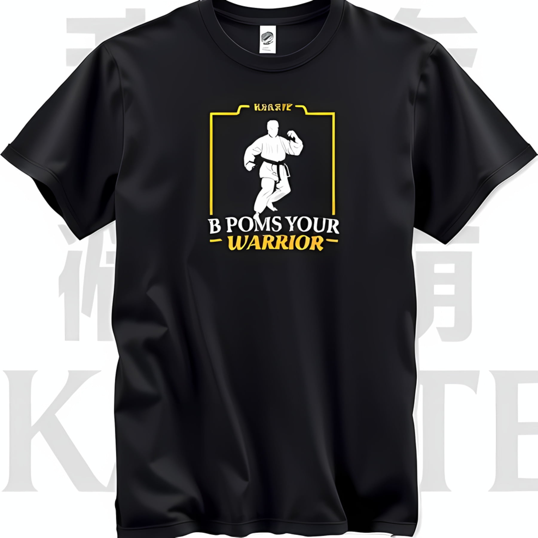 Black Karate T-Shirt with Cartoon Fighter Graphic 'B Poms Your ' Design ...
