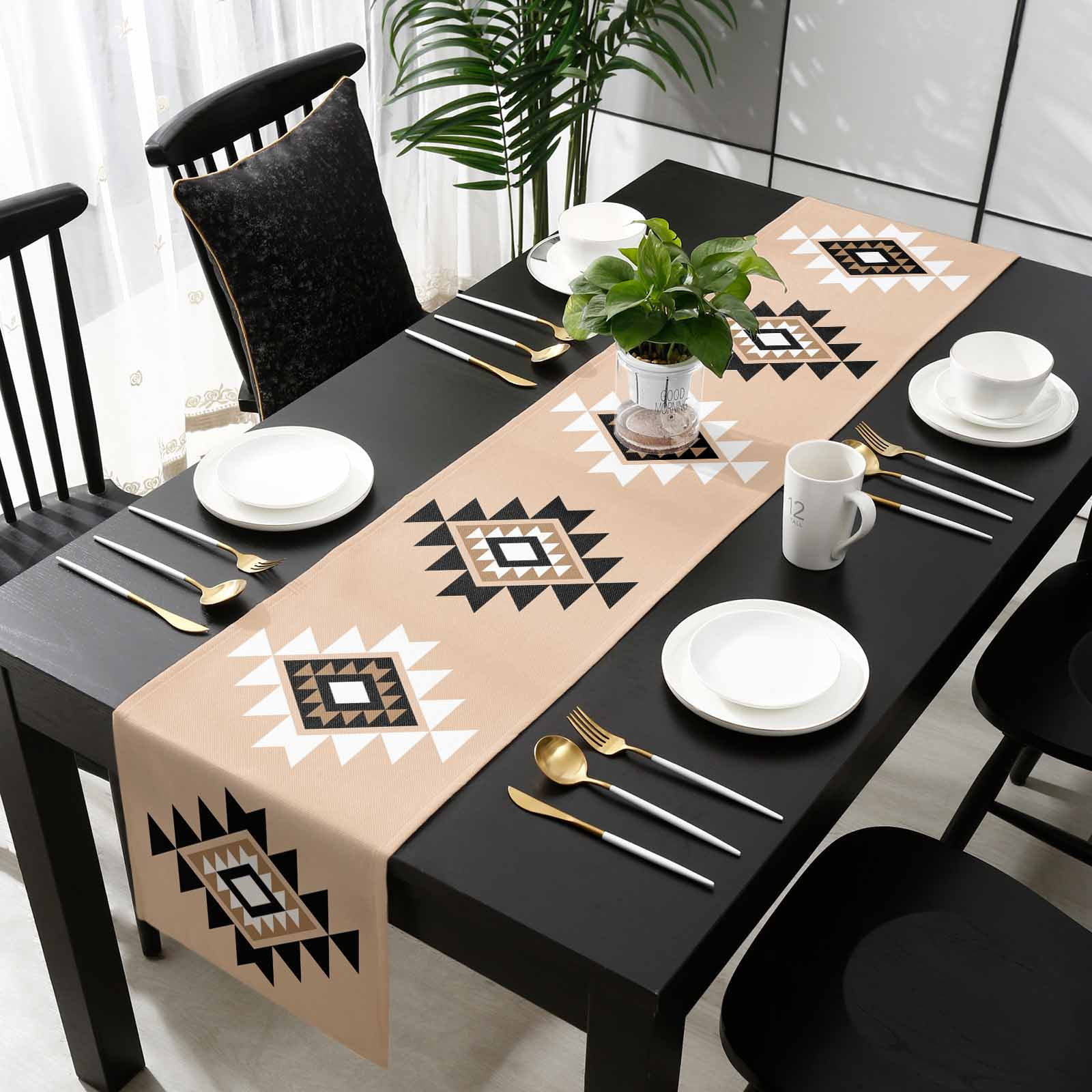 Black Khaki Boho Cotton Linen Small Table Runner 13 x 60 inch Aztec Southwest Ethnic Geometric ...