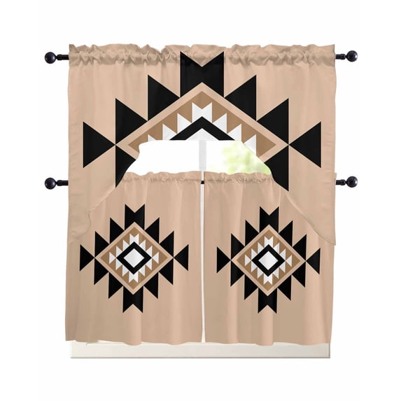 Black Khaki Boho Kitchen Curtain and Valance Set 3 Pieces,Rod Pocket ...