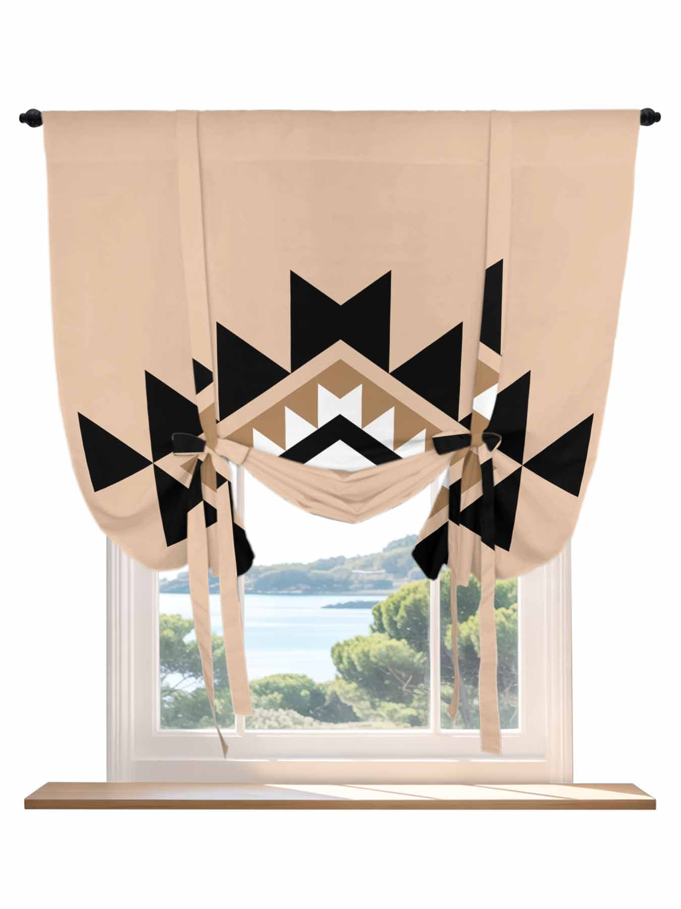 Black Khaki Boho Tie Up Curtains for Windows 45 Inch Length Balloon Curtains Kitchen Adjustable ...