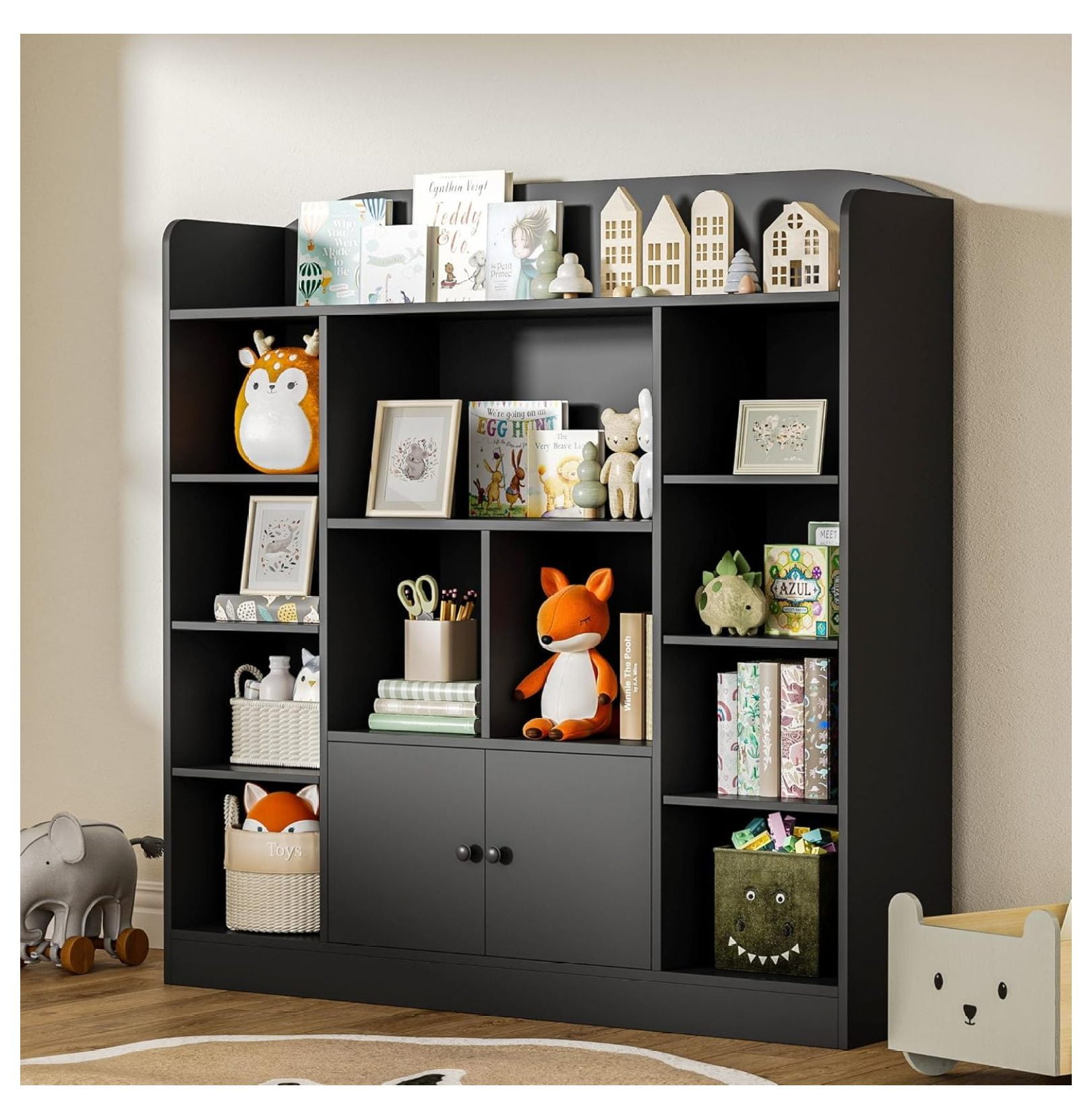 Black Kids Bookshelf, Kids Bookcase with 11 Cubbies and 2 Cabinets ...