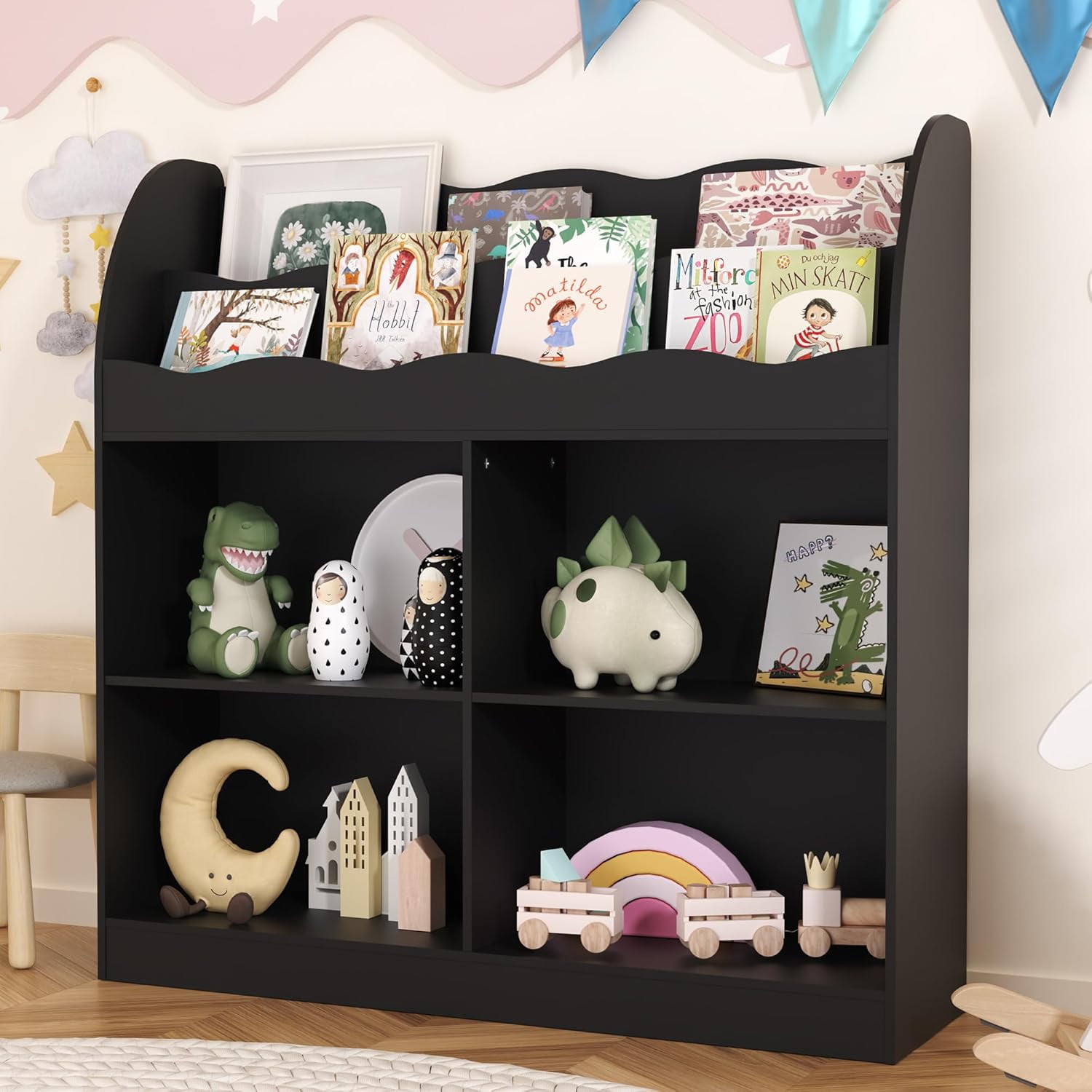 Black Kids Bookshelf, Toy Storage Organizer with Book Rack and 4 ...