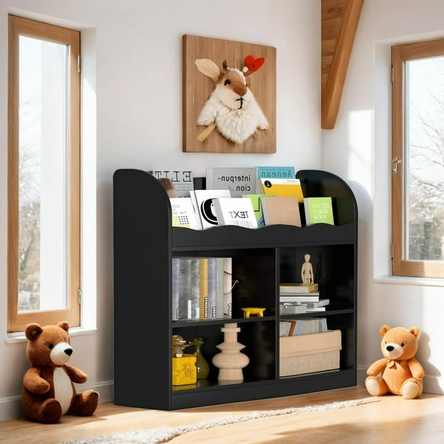 Black Kids Bookshelf, Toy Storage Organizer with Book Rack and 4 ...