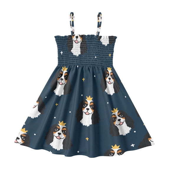 Black King Charles Dog Pattern Girls' Casual Dresses 2Y-8Y Sleeveless ...