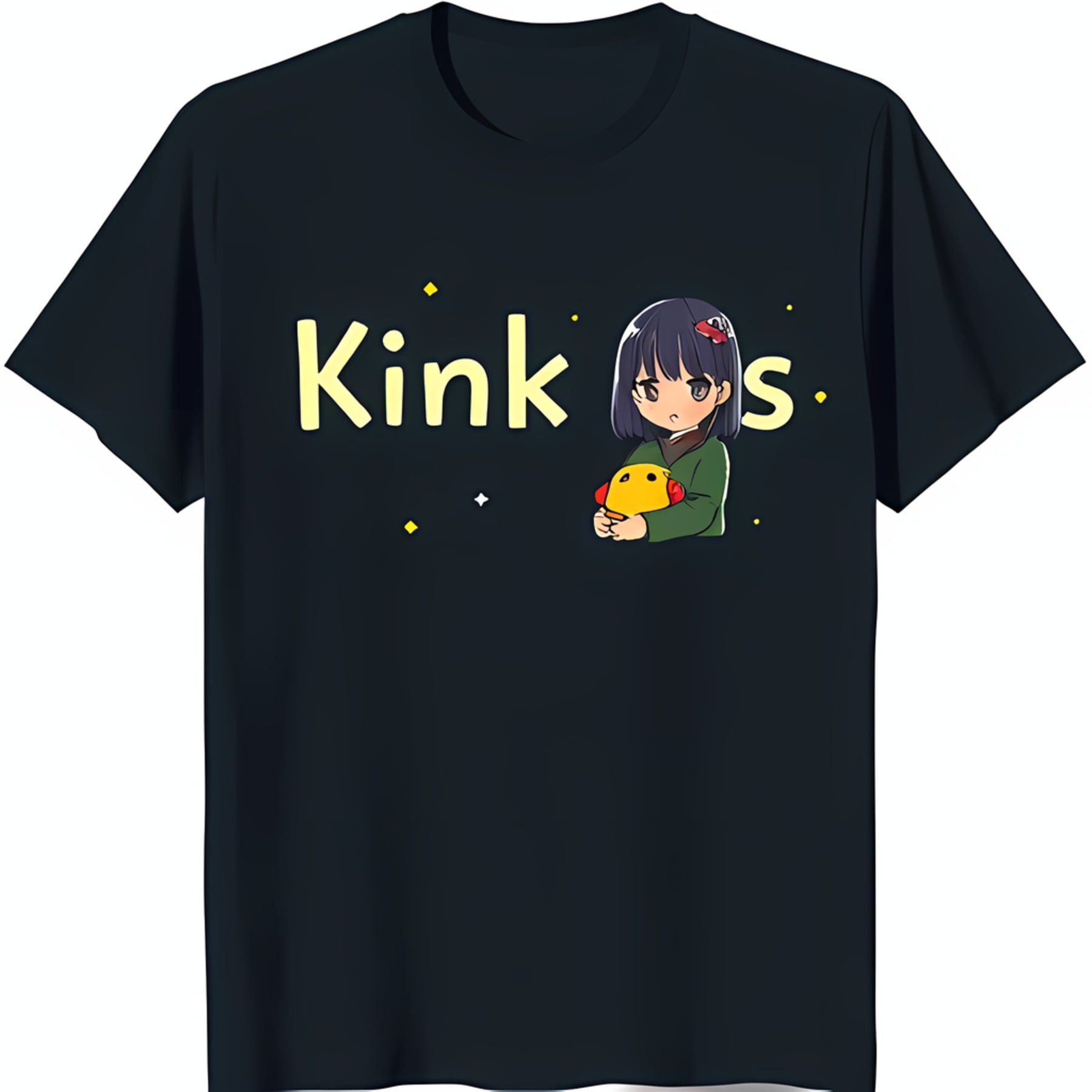 Black Kink T-Shirt with Comic Sans Design Cute Character & Yellow Stars ...