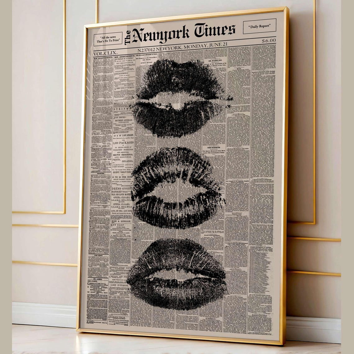 Black Kiss Lips Poster, Retro Newspaper Aesthetic Printable, Vintage ...