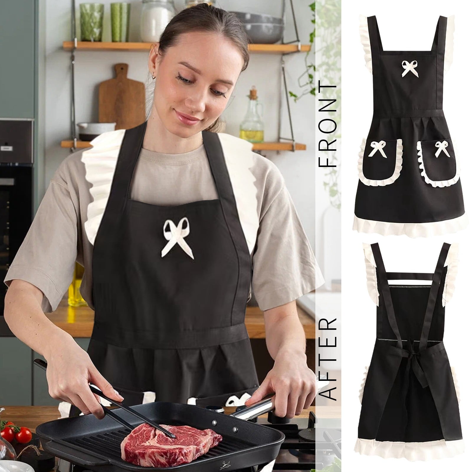 Black Kitchen Aprons for Women with Pockets Cross Back Apron Bow ...