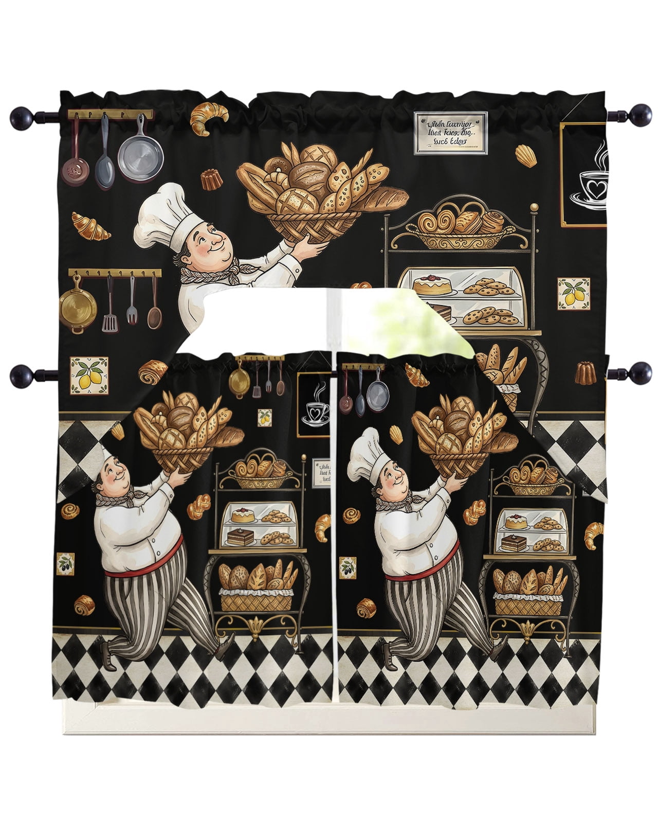 Black Kitchen Baker Kitchen Curtains Set for Windows 3 Piece Cafe ...