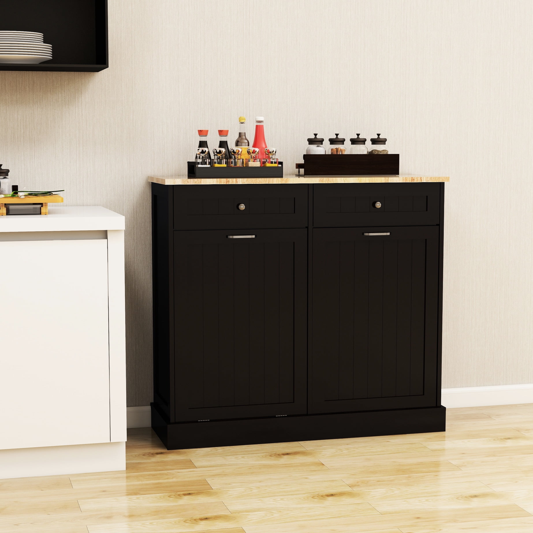 Black Kitchen Cabinet For Trash - Two Compartments, Material ...